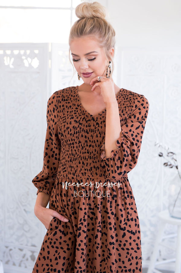 Black/Tan Animal print Shirred Detail Modest Dress | Best Place To Buy ...