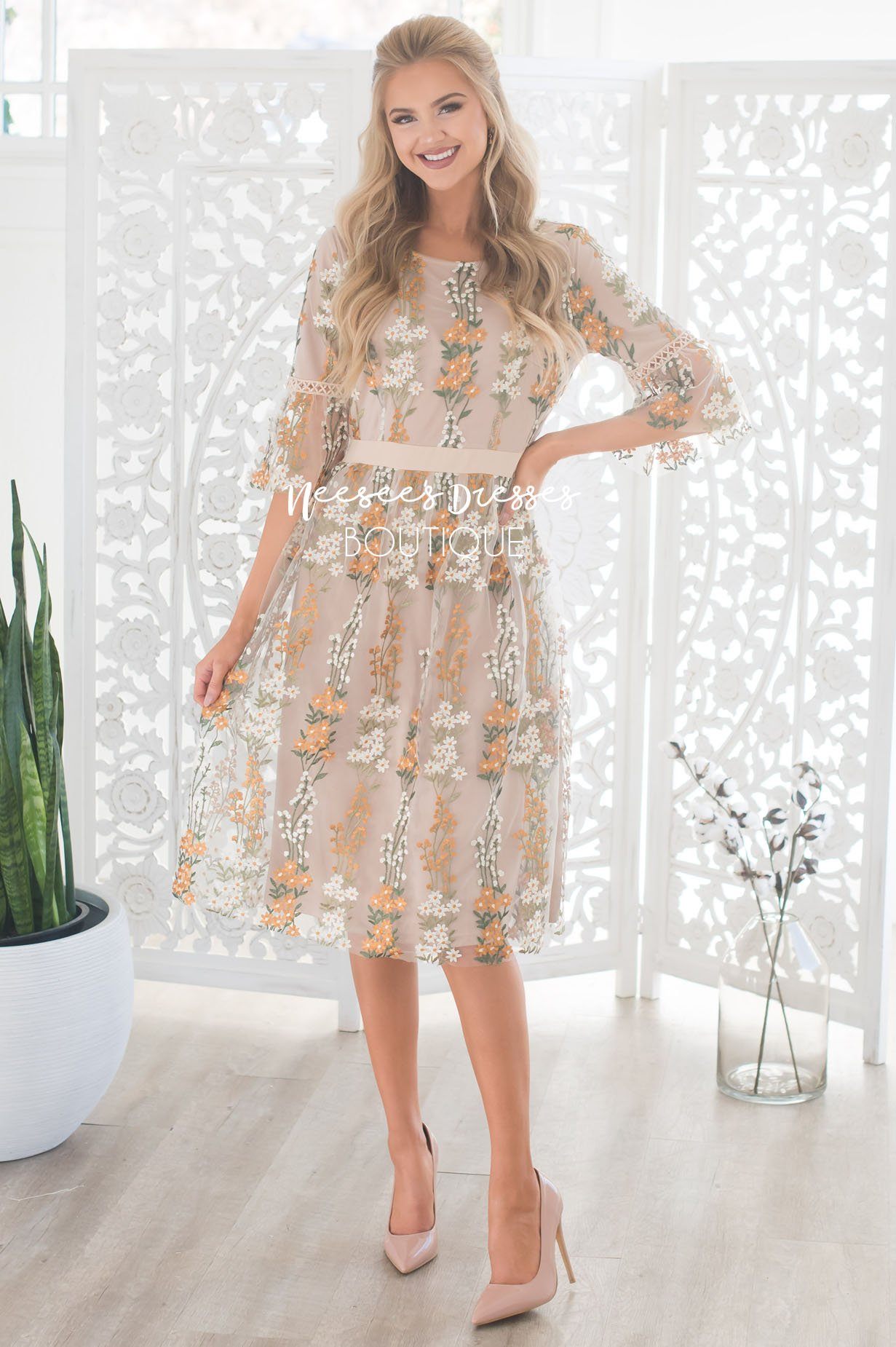 Tan Floral Applique Modest Dress | Cute Modest Dresses