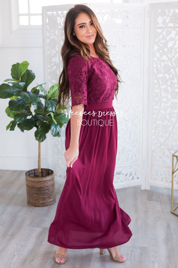 Burgundy Lace Bodice Modest Maxi Dress | Modest Dress | Cute Modest ...