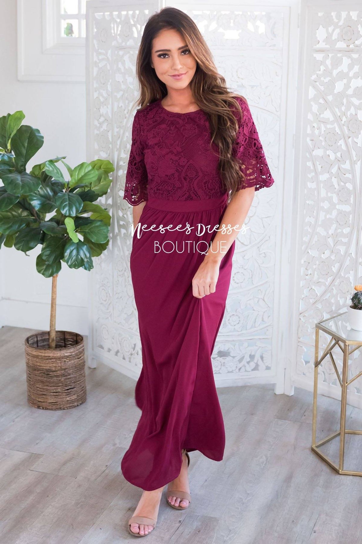 Burgundy Lace Bodice Modest Maxi Dress | Modest Dress | Cute Modest ...