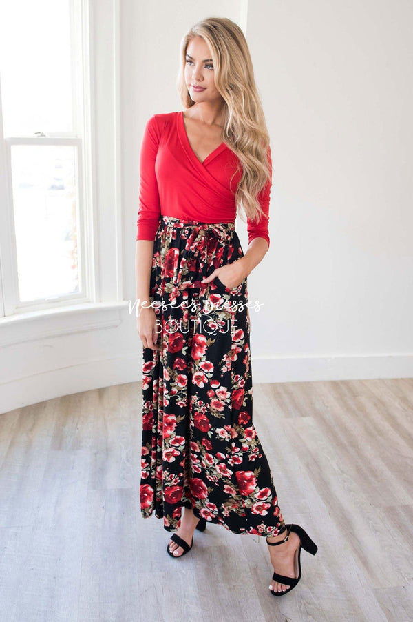 Red Modest Wrap Front Maxi Dress | Best Modest Dress Boutique