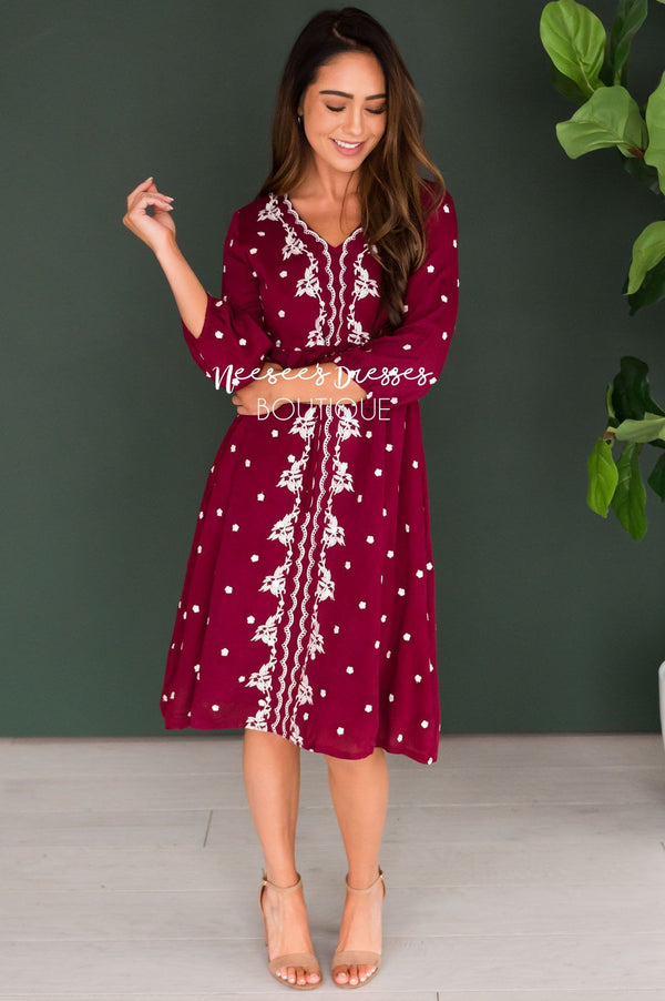Burgundy/White Embroidered Modest Dress | Best Place To Buy Modest ...