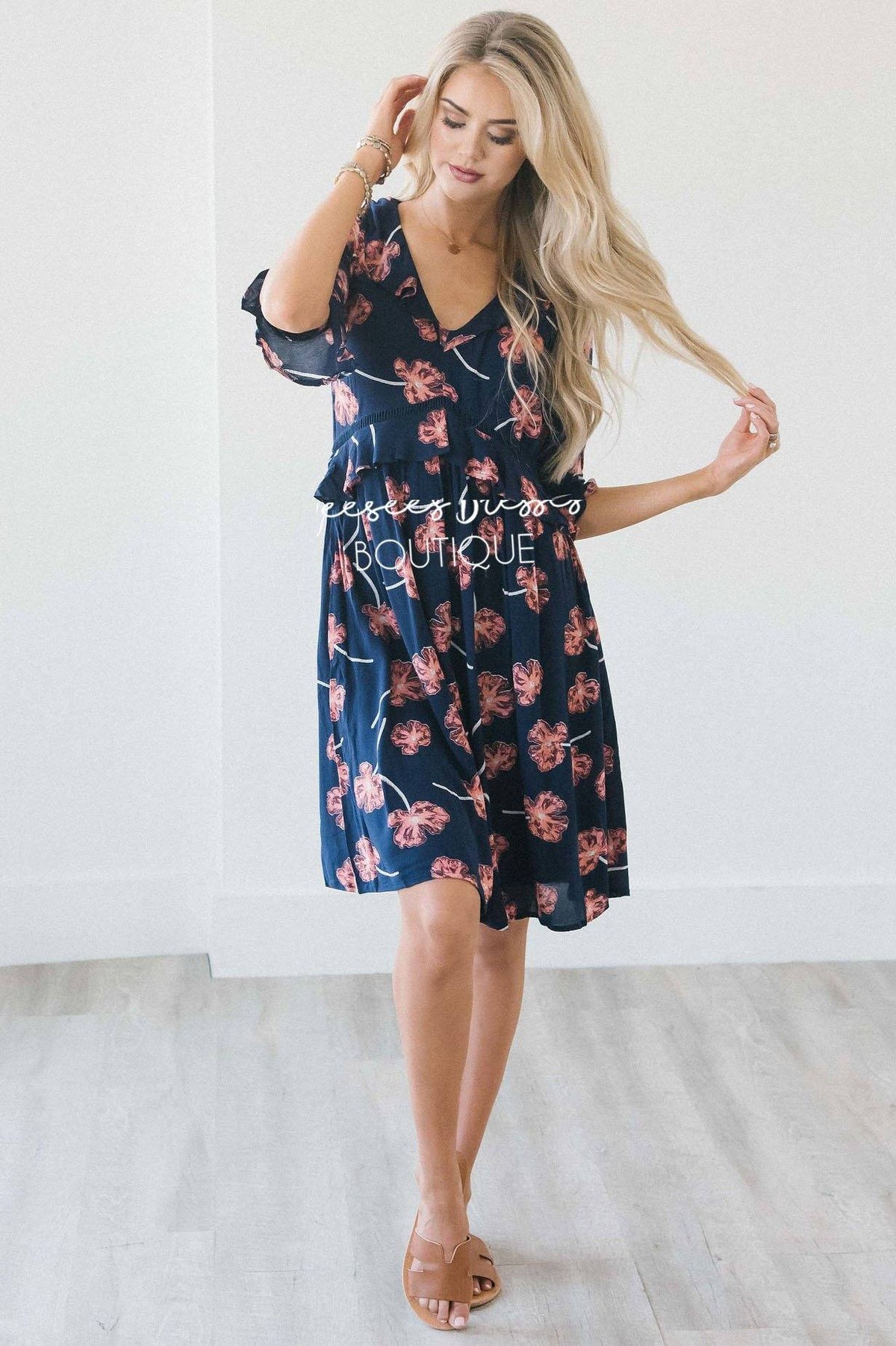 Navy Floral Ruffle Fit and Flare Modest Dress Bridesmaids Dress, Church ...