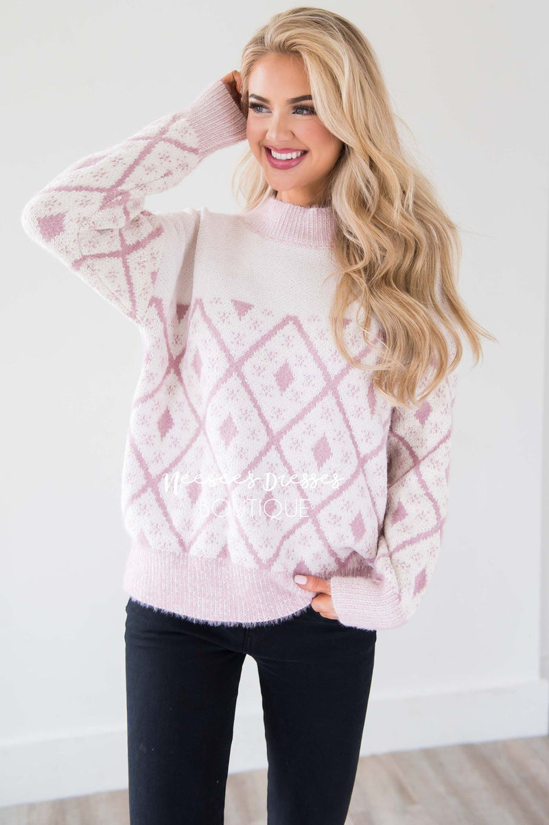 Dusty Pink & Ivory Diamond Print Sweater | Cute Comfy Fall Cardigans