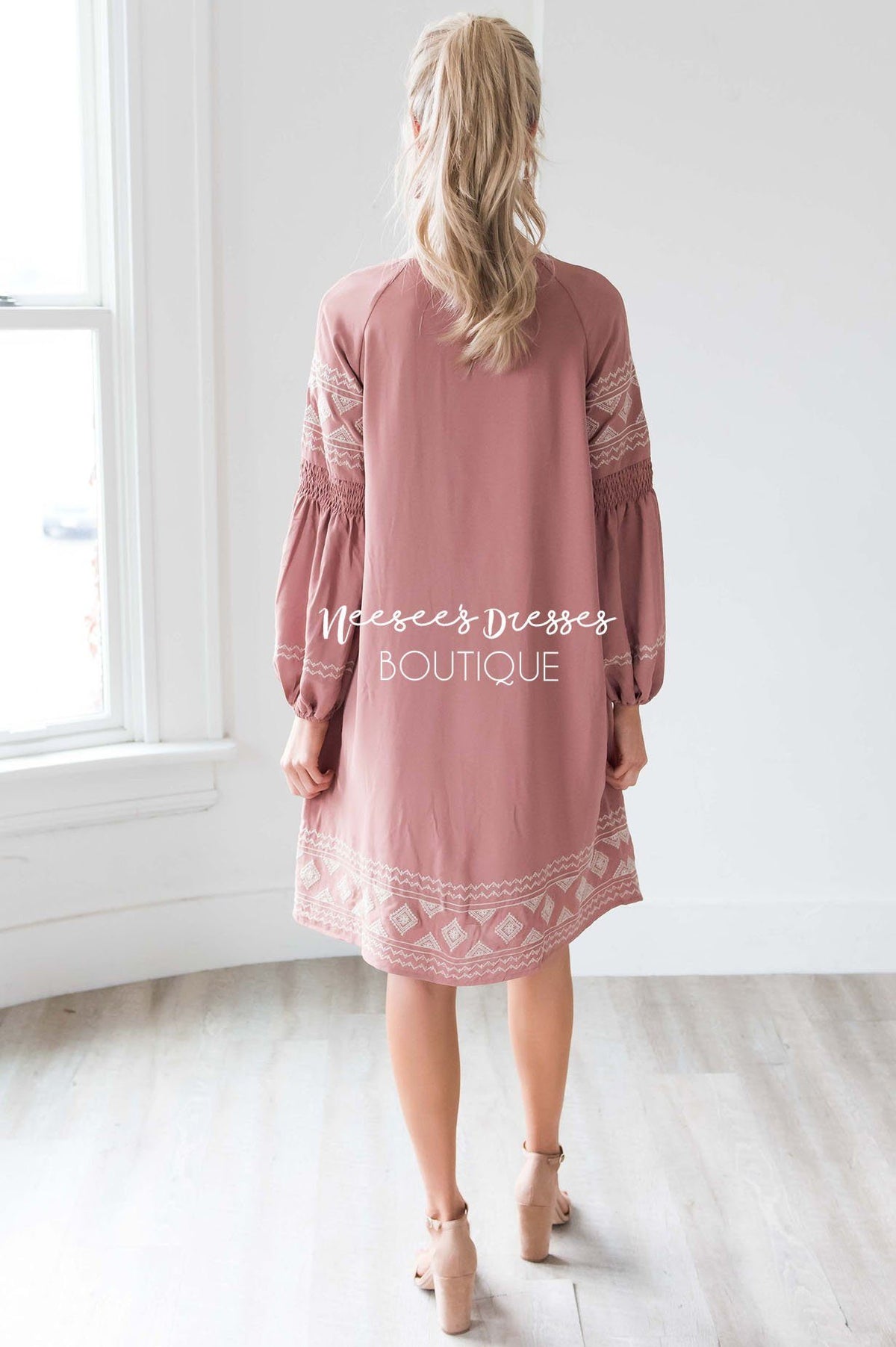 Dusty Pink Embroidered Detailed Modest Dress | Affordable Modest Dresses