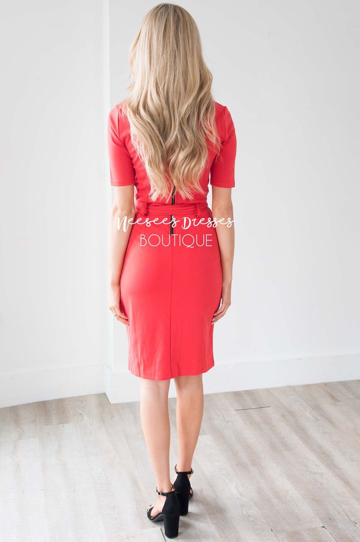 Poppy Red Tie Waist Modest Dress | Affordable Modest Dresses - NeeSee's ...