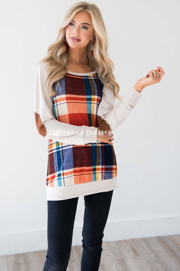 Rust Plaid Elbow Patch Sweater | Cute Comfy Fall Cardigans