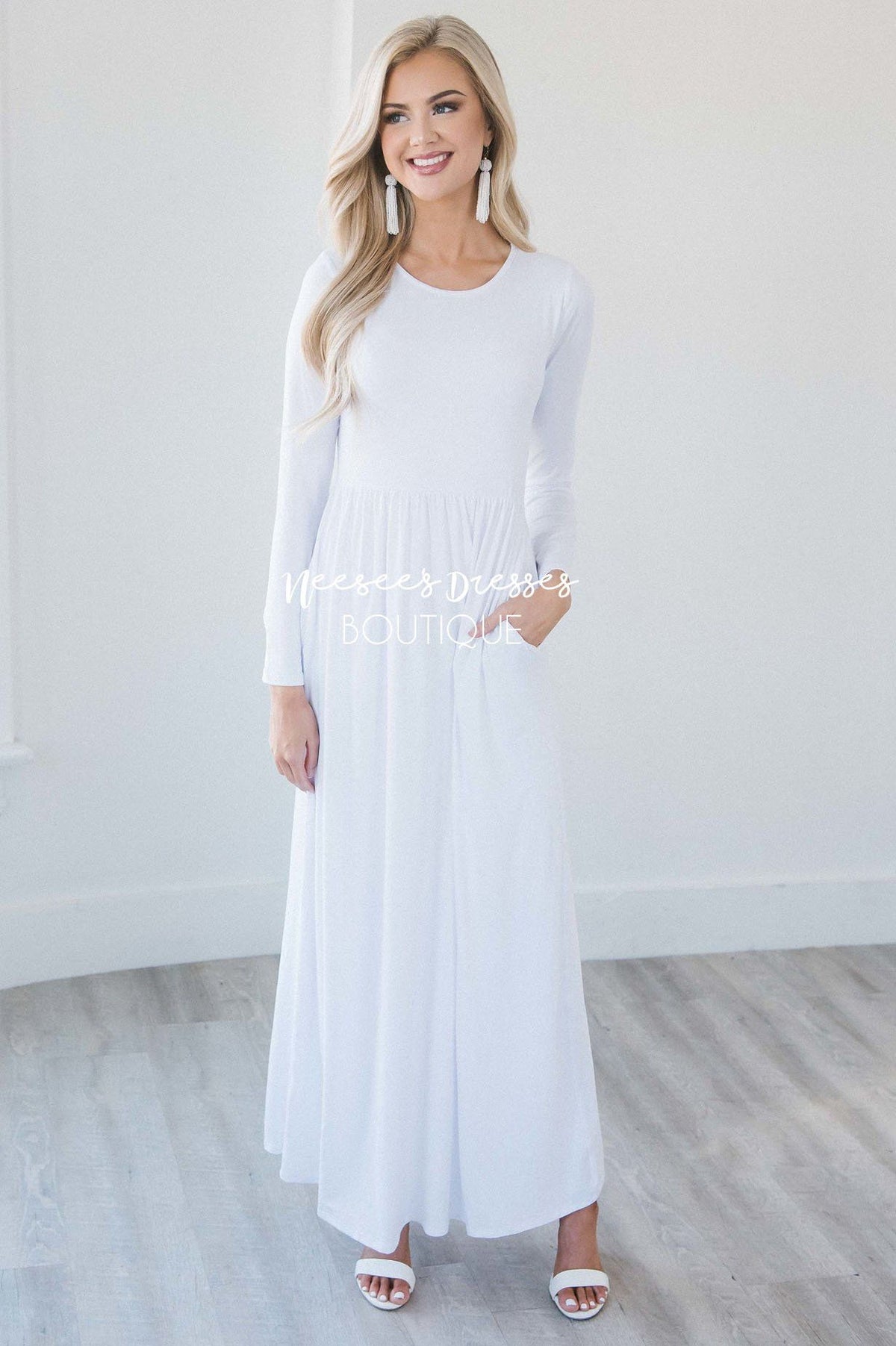 White Pocket Temple Modest Dress | Modest Bridesmaids Dresses | Best ...