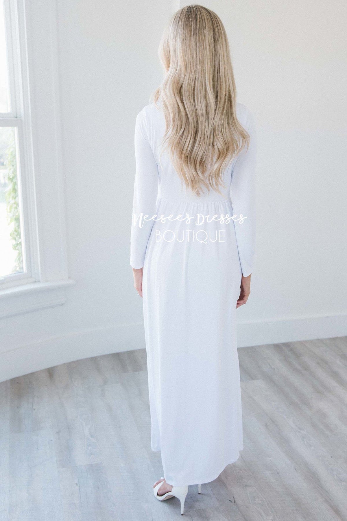 White Pocket Temple Modest Dress | Modest Bridesmaids Dresses | Best ...