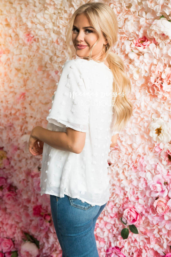 White Swiss Dot Blouse | Cute Comfy Fall Tops