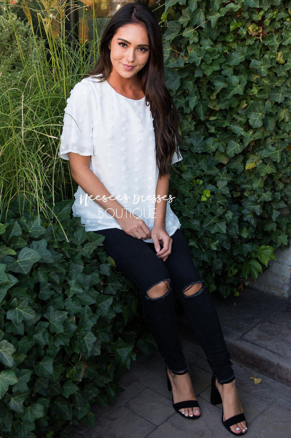 White Swiss Dot Blouse | Cute Comfy Fall Tops