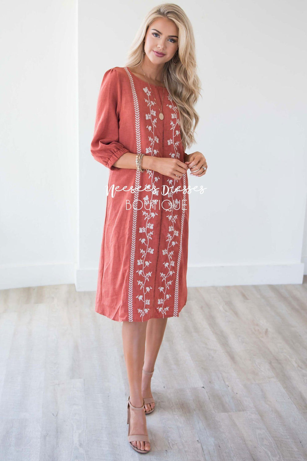 Woven Rust Embroidered Modest Dress | Modest Bridesmaids Dresses